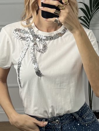Glow Fashion Γυναικεία Ρούχα Sequin Bow T-shirt/White