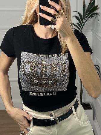 Glow Fashion Γυναικεία Ρούχα T-shirt Strass Crown/Black